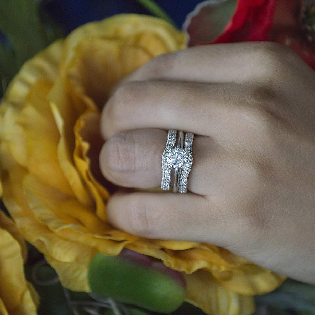 TwoBirch Sterling Silver Contour Ring Guard with Millgrained Edges and Filigree Cut Out Design With CZ or MOISSANITE (0.48 ct.) (Cubic Zirconia, 7)