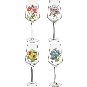 Portmeirion Botanic Garden Wine Glasses | Set of 4 Stemmed Wine Glasses | Ideal for White Wine, Red Wine, or Cocktails | 16 Oz Wine Glasses with Assorted Motifs