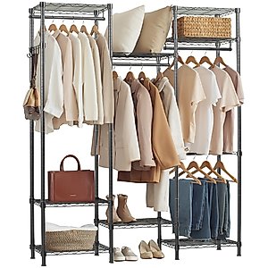 JS HOME Portable Closet Wardrobe Heavy Duty Clothes Rack, Freestanding Clothing Rack with 4 Hang Rods & 8 Shelves, Adjustable Closet Rack, 57" L x 15.7" W x 76.8H, Max Load 925LBS, Black