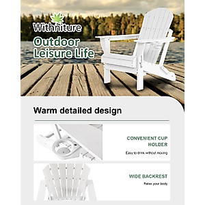 Withniture Folding Adirondack Chairs, HDPE Adirondack Chair Wood Texture Plastic Adirondack Chairs with Cup Holder, Weather Resistant Fire Pit Chairs for Backyard Deck, White