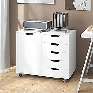 IFANNY Modern File Cabinet, White Lateral Filing Cabinet 5 Drawer with Universal Wheels, Wood Printer Stand with Storage, Rolling File Cabinets for Home Office, Living Dining Room, Bedroom, Kitchen