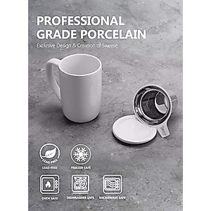 Sweese 16 OZ Porcelain Tea Mug with Infuser and Lid, Loose Leaf Tea Cup, Gifts for Tea Lover, White