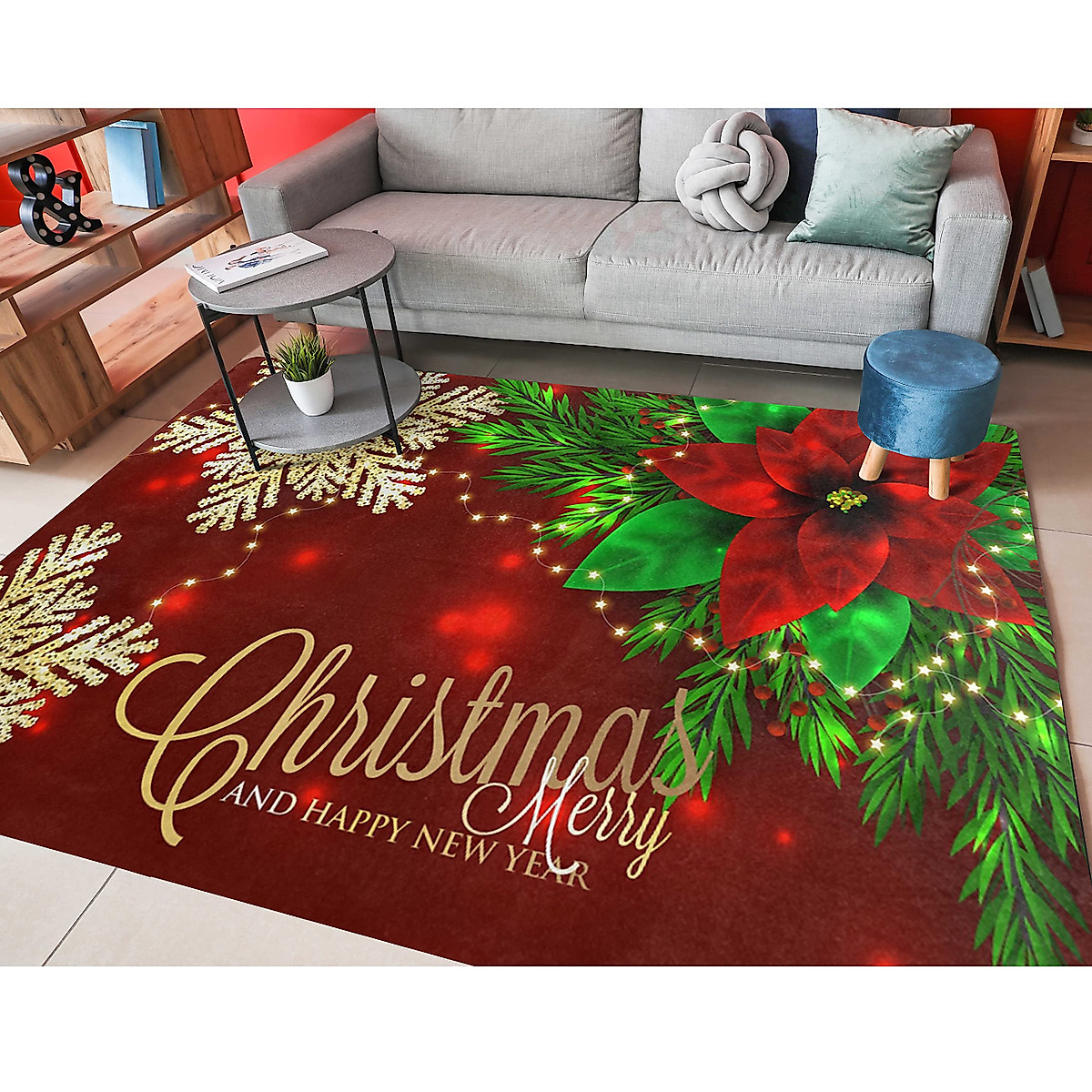 ALAZA Christmas Poinsettia Snowflakes Flower Non Slip Area Rug 4' x 5' for Living Dinning Room Bedroom Kitchen Hallway Office Modern Home Decorative