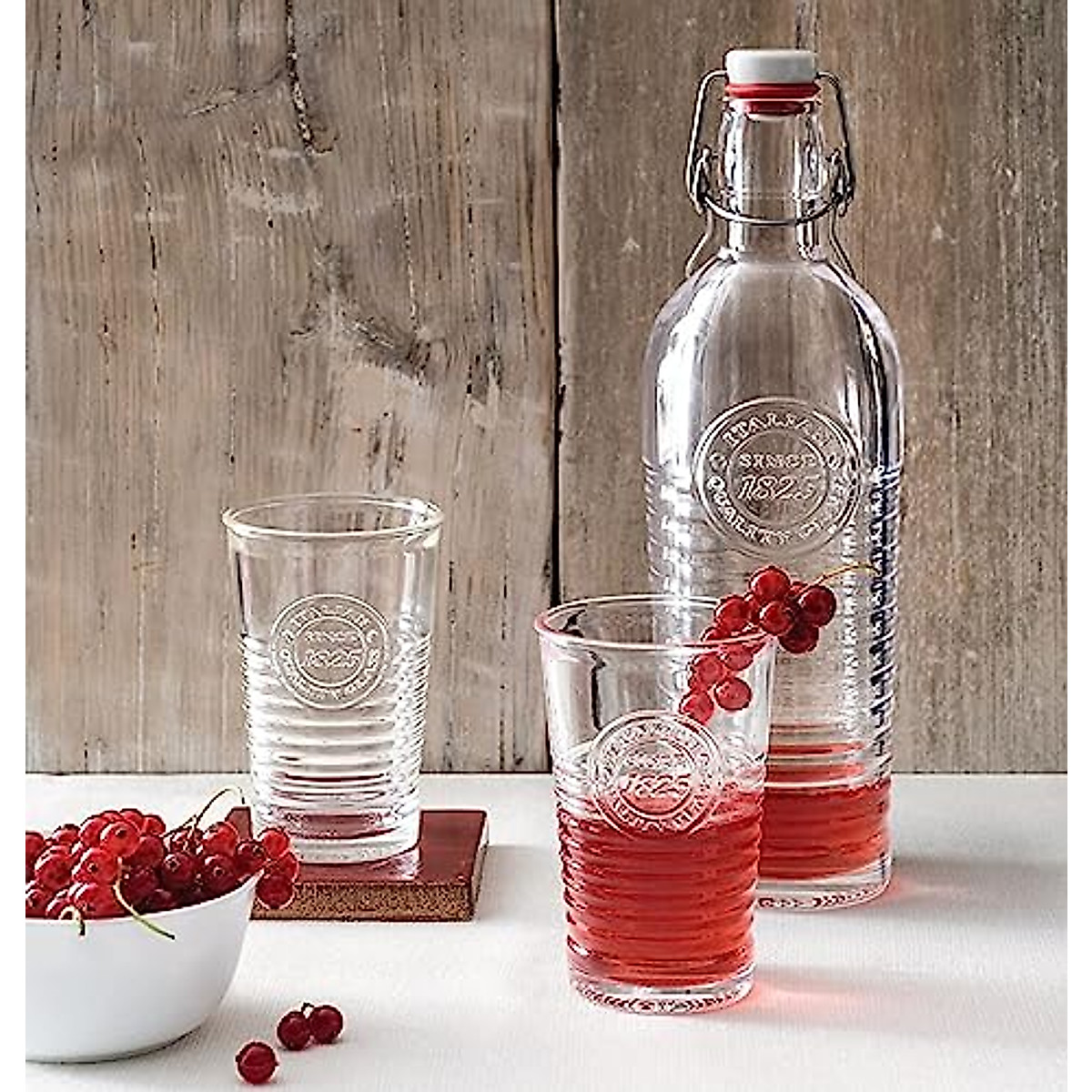 Bormioli Rocco Officina 1825 set or 2 Glass Bottles 37.25 oz, Italian Pitchers, Airtight Seal & Metal Clamp, Easy To Carry Handle, Dishwasher Safe & Eco-Friendly, Safe For Infused & Carbonated Drinks.