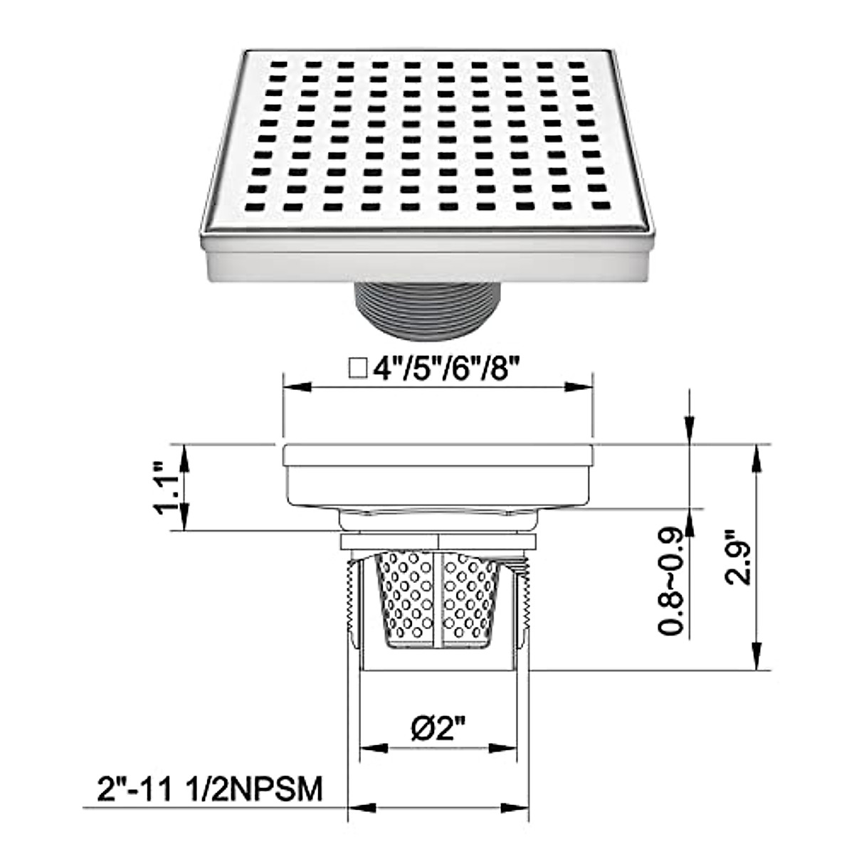 6 inch Square Shower Drain, Square Hole Pattern Shower Drain, Brushed 304 Stainless Steel Linear Drain with Leveling feet & Hair Strainer