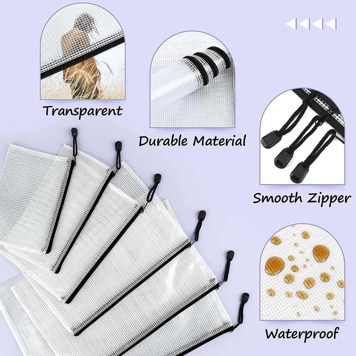 Smarpau Plastic Mesh Zipper Pouch Document Bag, 12 Pack Waterproof Zip File Folders for Office Supplies and Travel Storage (A6-9.4x4.7in, Black)