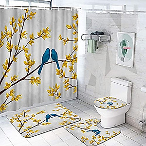 DuoBaorom 4 Pieces Set Tree Bird Shower Curtain Set Blue Love Birds on Yellow Tree Branch Picture Print on Non-Slip Rugs Toilet Lid Cover Bath Mat and Bathroom Curtain with 12 Hooks 72x72inch