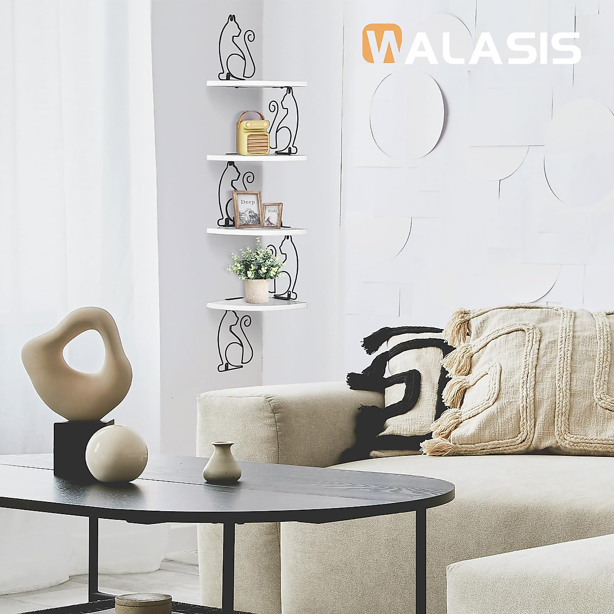 Walasis Corner Floating Shelves 4-Tier- Cute Wall Corner Shelves for Storage Wood Wire Cat Decorations for Bedroom