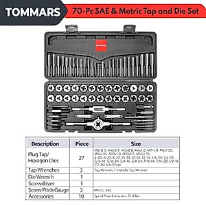 TOMMARS 70-Pc Tap and Die Set, SAE & Metric Hex Thread Taps Dies Wrench Metric Sizes M3 to M12 & Standard Sizes #4 to 1/2" Type NC NF NPT