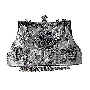 GUOZI Vintage Floral Beaded Rhinestone Embroidery Clutch Sequin Wedding Party Prom Bag Crossbody Evening Handbag for Bridal Ladies (Grey)