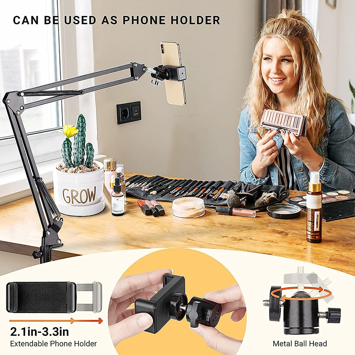 CAHAYA 2 in 1 Microphone Arm Stand and Phone Stand with Pop Filter 2 Mic Clip and 3/8" to 5/8" Adapter Heavy Duty Adjustable Suspension Boom Scissor Microphone Stand for Blue Yeti Snowball CY0263-1