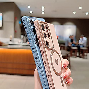 VANIPUFF Magnetic Phone Case for Samsung Galaxy S22 Ultra 5g [Compatible with MagSafe] Luxury Plating Cute Heart Pattern Soft Silicone Protective Shockproof Cover for Galaxy S22 Ultra 6.8” (Pink)