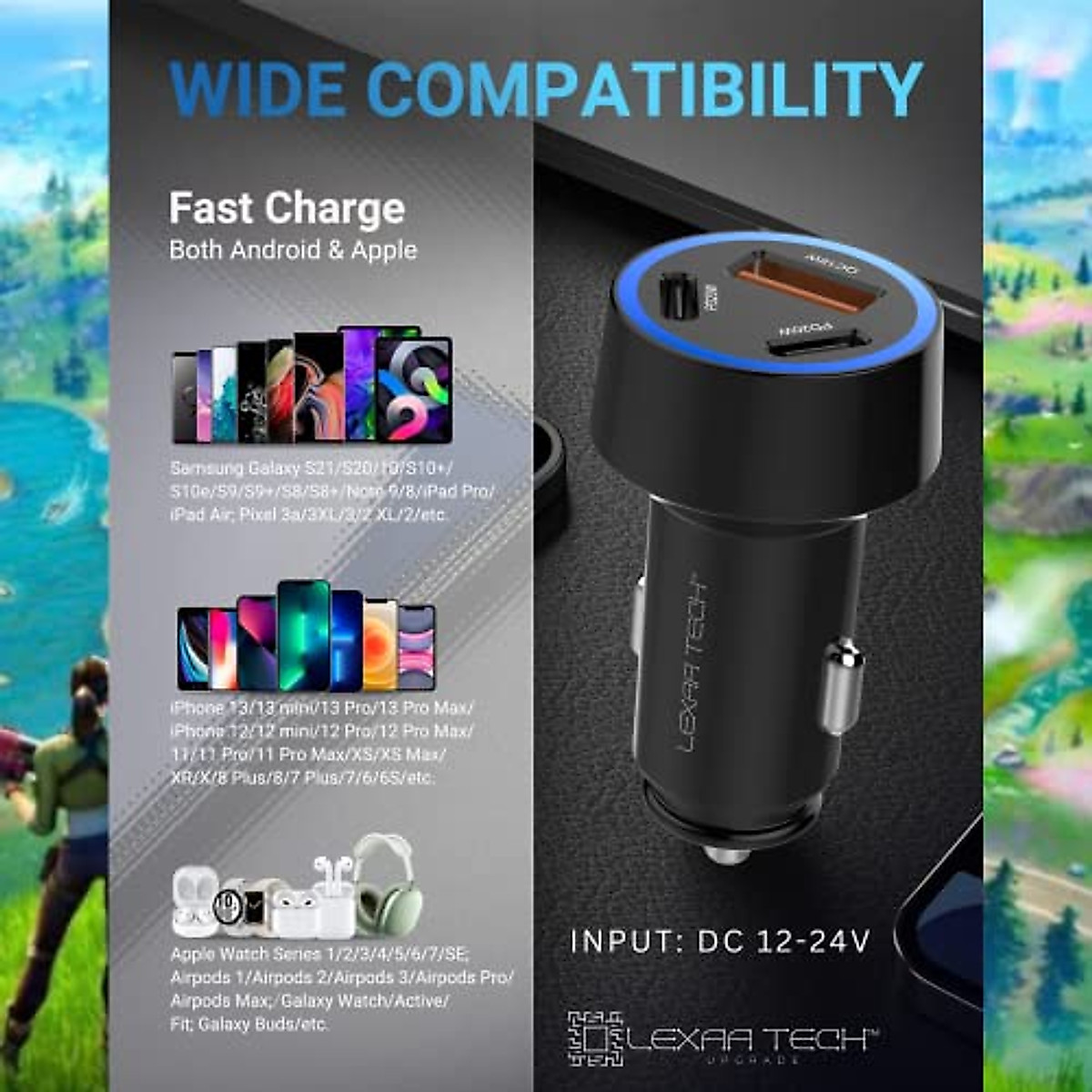 USB C Car Charger Fast Charging - LEXAA TECH 58W USB Car Charger Adapter Dual Port PD&QC 3.0 Compatible with iPhone 14 13 12 Pro Max X XR XS 8 Samsung Galaxy Note 20/10 S23/22/21 Google Pixel