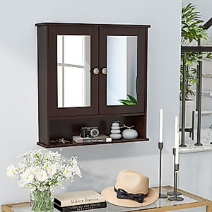 RELAX4LIFE Wall Bathroom Cabinet with Mirror - Wood Over The Toilet Storage Cabinet Space Saver w/2 Doors, Adjustable Shelf & Open Compartment, Modern Wall Mount Medicine Cabinet (Brown)