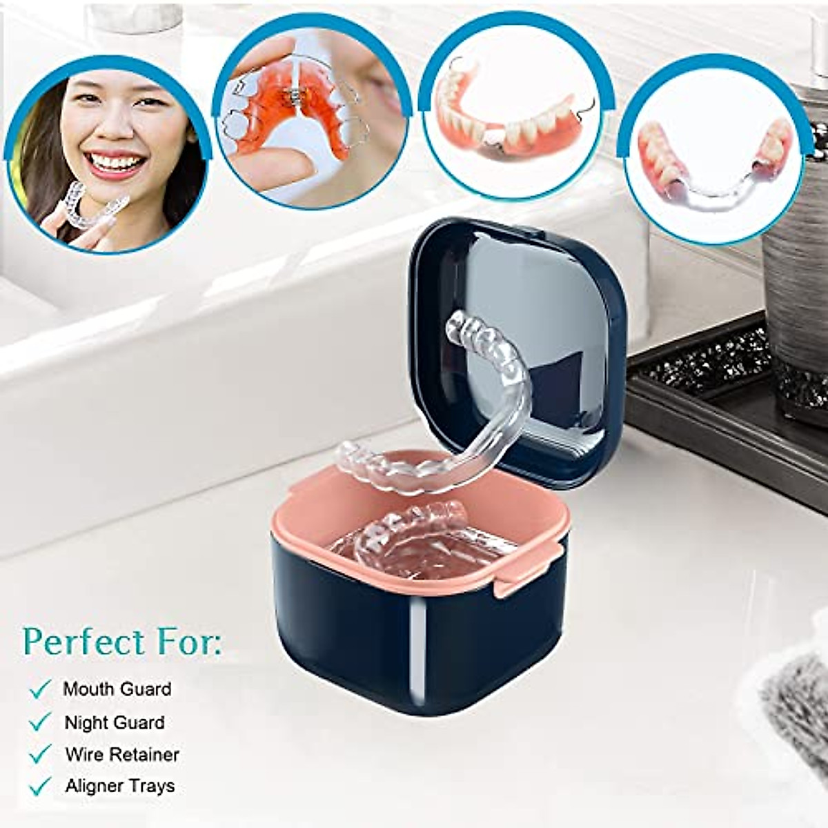 whoobell Denture Cup，Retainer Case,Cute Night Mouth Guard Box Holder, Storage Soak Container with Strainer basket for Travel Cleaning.(1 Pack,Blue)