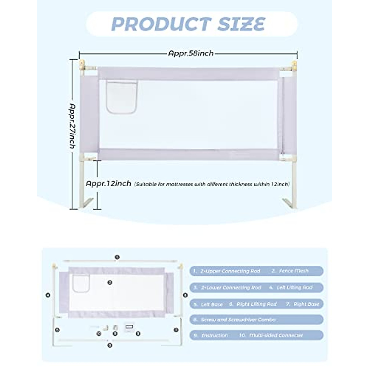 Bed Rails for Toddlers 59" L, Toddler Bed Rails with Breathable Fabric, Infant Safety Bed Guardrail, Bed Rail for Twin Bed, Bed Safety Rails for Children (Gray-One Side)