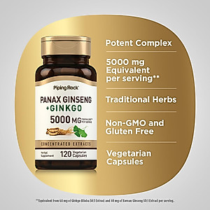 Piping Rock Panax Ginseng Capsules | 5000 mg | 120 Count | with Ginkgo Biloba | Vegetarian, Non-GMO, and Gluten Free Supplement