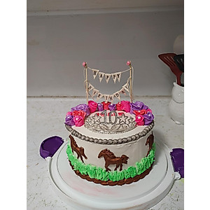 Happy Birthday Cake Bunting Topper Cake Topper Garland, Handmade Pennant Flags with Wood Pole Ivory (With Pink Rose)