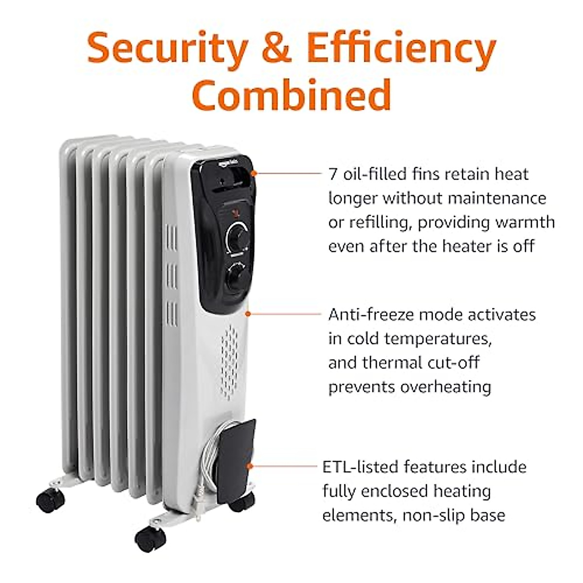 Amazon Basics Oil Heater, Radiator Heater for Indoor Use, With Over-Heat Protection, 7 Oil-Filled Steel Fins, 3 Heat Settings, ETL-certified Safety, 1500W, White, 11"D x 14.8"W x 25.2"H