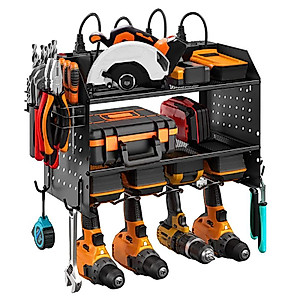 Havenfly Power Tool Organizer Wall Mount with Power Strip, 6 Drill Holder, Heavy Duty Metal Drill Storage Shelf with 8 Hooks, 3 Layer Storage Shelf with 2 Side Pegboards, Ideal Gifts for Men