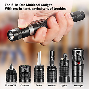 POXIMO EDC Multitool 5-In-1 Tactical Survival Gear with Flashlight, Lighter(No Fuel), Glass Breaker, Cutter, Compass, Pocket Camping Multi-Tool Gadget, Cool Birthday Gift for Men Dad Husband