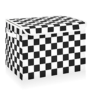 CaTaKu Large Fabric Storage Bins With Lids,Checkered Racing Flag Storage Boxes With Handles for Organizing Clothes, Collapsible Decorative Storage Cube Bins Baskets for Shelves