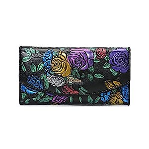ArtsEye Roses Embossed Genuine Leather Trifold Wallet Purse (Black)