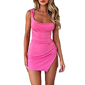 NUFIWI Womens Sexy Going Out Mini Dress Y2k Sleeveless ShortRuched Dress Bodycon Tank Top Cami Dresses Cute (LowCut Rosy, S)