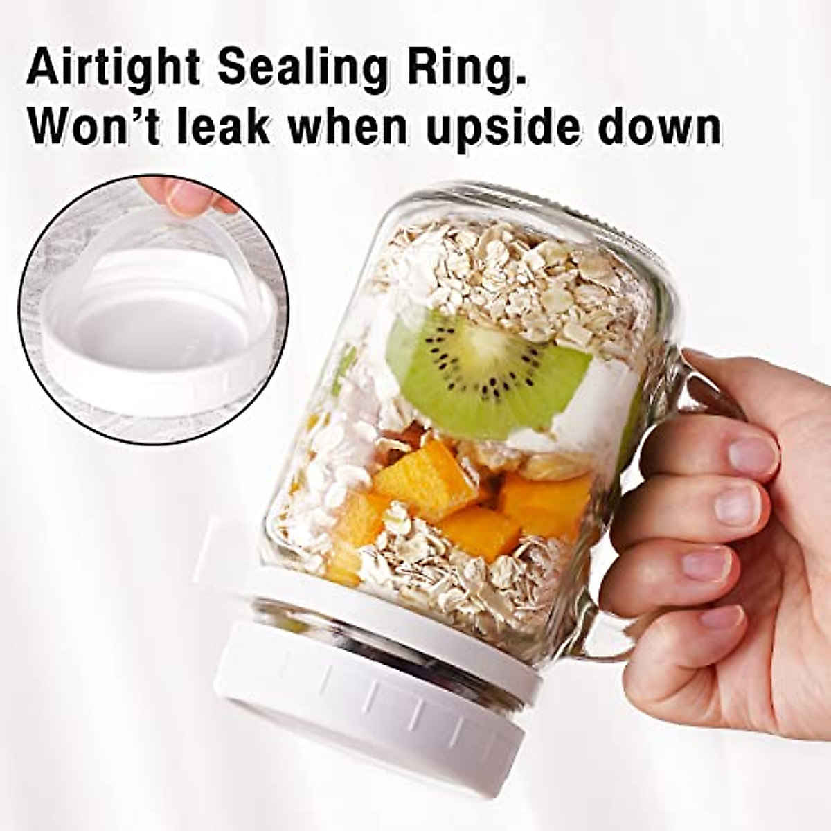 NiHome Overnight Oats Jar with Handle and Spoon 2-Pack, Customizable 16oz Leak-Proof Glass Oat Cup On-The-Go Breakfast, Lunch, Snacks for Dieters and Busy Lifestyles, Ideal for Fresh Fruit, Nuts, Oats