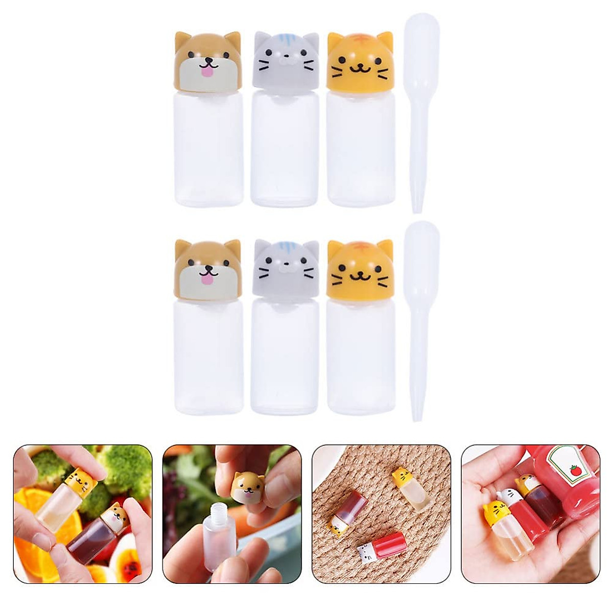 Yardwe 6pcs Condiments Squeeze Bottles with 2pcs Droppers Mini Cartoon Seasoning Sauce Bottle Animal Cap Refillable Vinegar Container Ketchup Honey Sauce Wrapping Tube Dispenser