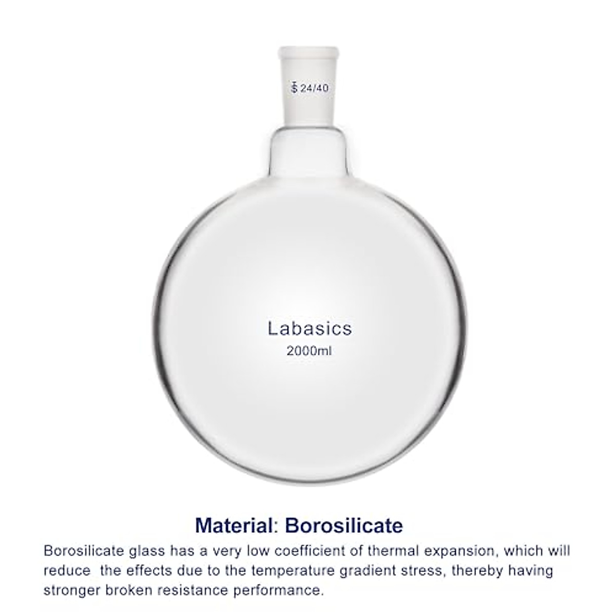 Labasics Glass Round Bottom Flask, Borosilicate Glass Heavy Wall Short Neck Round Bottom Flask RBF Single Neck Flask with 24/40 Standard Taper Outer Joint, 2000 ml