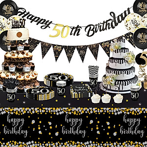HIPVVILD Happy 50th Birthday Decorations Tableware Men Women - 50th Birthday Plates & Napkins Party Supplies, Plate, Cup, Napkin, Tablecloth, Cutlery, 50 Year Old Birthday Table Decorations | Serve 24