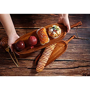 Set of 2 Acacia Wood Serving Trays,Oval Long Wooden Tray Plates for Serving Food,House Warming Gifts New Home Decor,Handmade Snack Board Bread Sushi Fruit Trays for Party