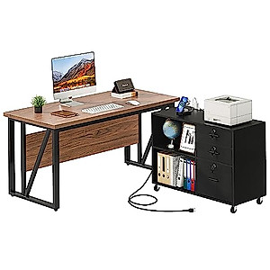 YITAHOME 55" Executive Desk and Lateral File Cabinet, 3 Drawers File Cabinet with Charging Station, L Shaped Desk Computer Desk Home Office Furniture Sets with Drawers & Storage Shelves, Walnut+Black