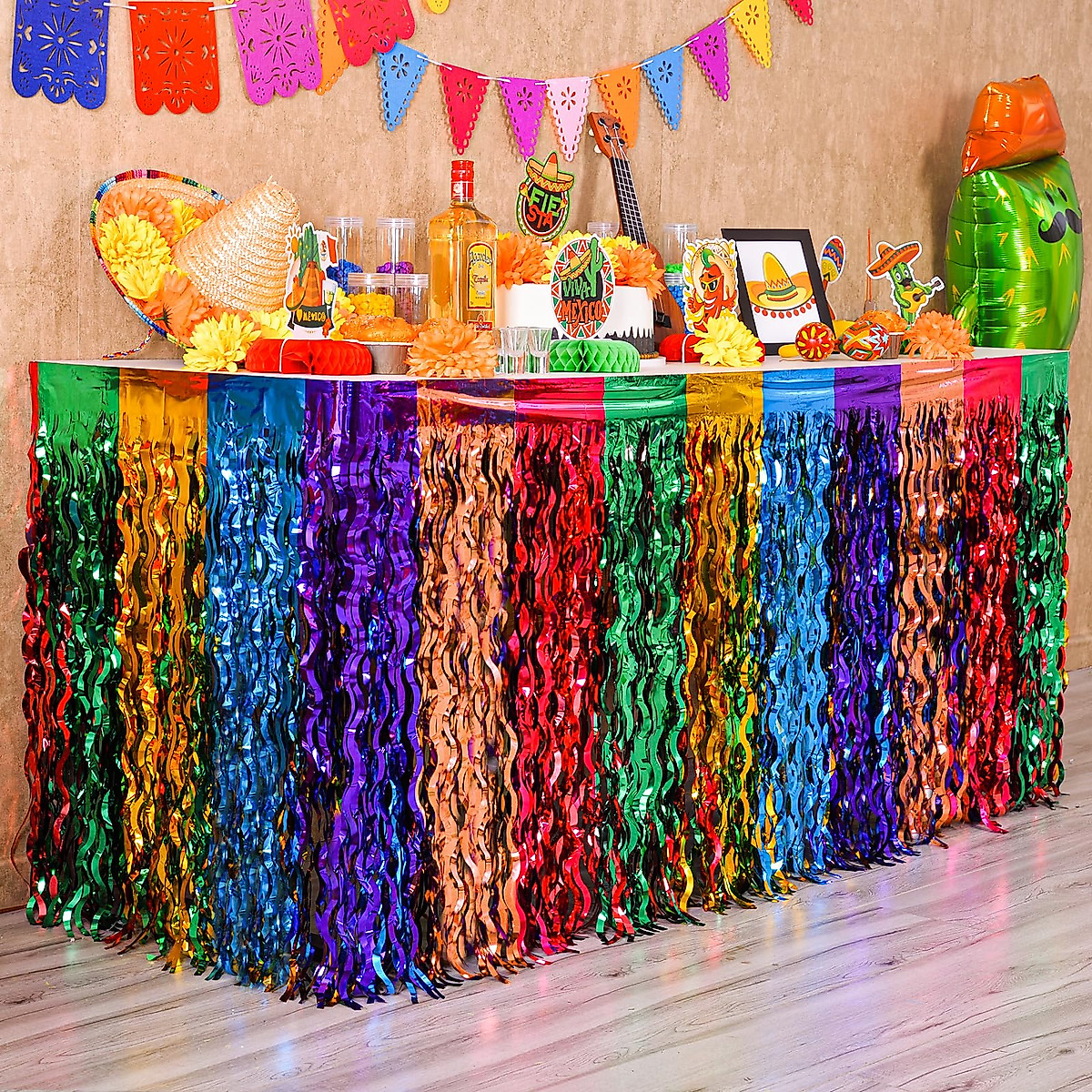 Mega-L Fiesta Party Decorations 2Pack Mexican Wavy Metallic Tinsel Foil Fringe Table Skirt for Dia De Los Muertos Table,Day of The Dead Decorations Perfect for Taco Birthday Party,Cinco de Mayo Decor