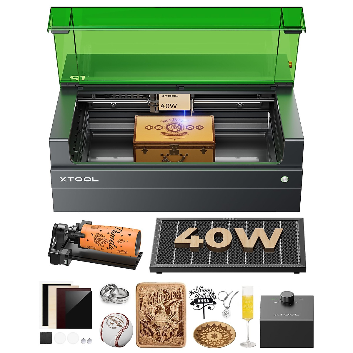 xTool S1 40W Laser Cutter and Laser Engraver for Tumblers, 23.93" x 15.16" Bed Size, 600mm/s Speed, Laser Engraving Machine, Laser Engraver for Wood and Metal, Acrylic, Big Project - Rotary Bundle