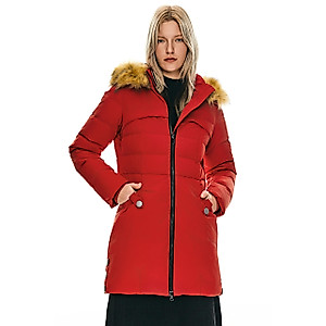 Orolay Women's Down Jacket with Faux Fur Trim Hood Red XL