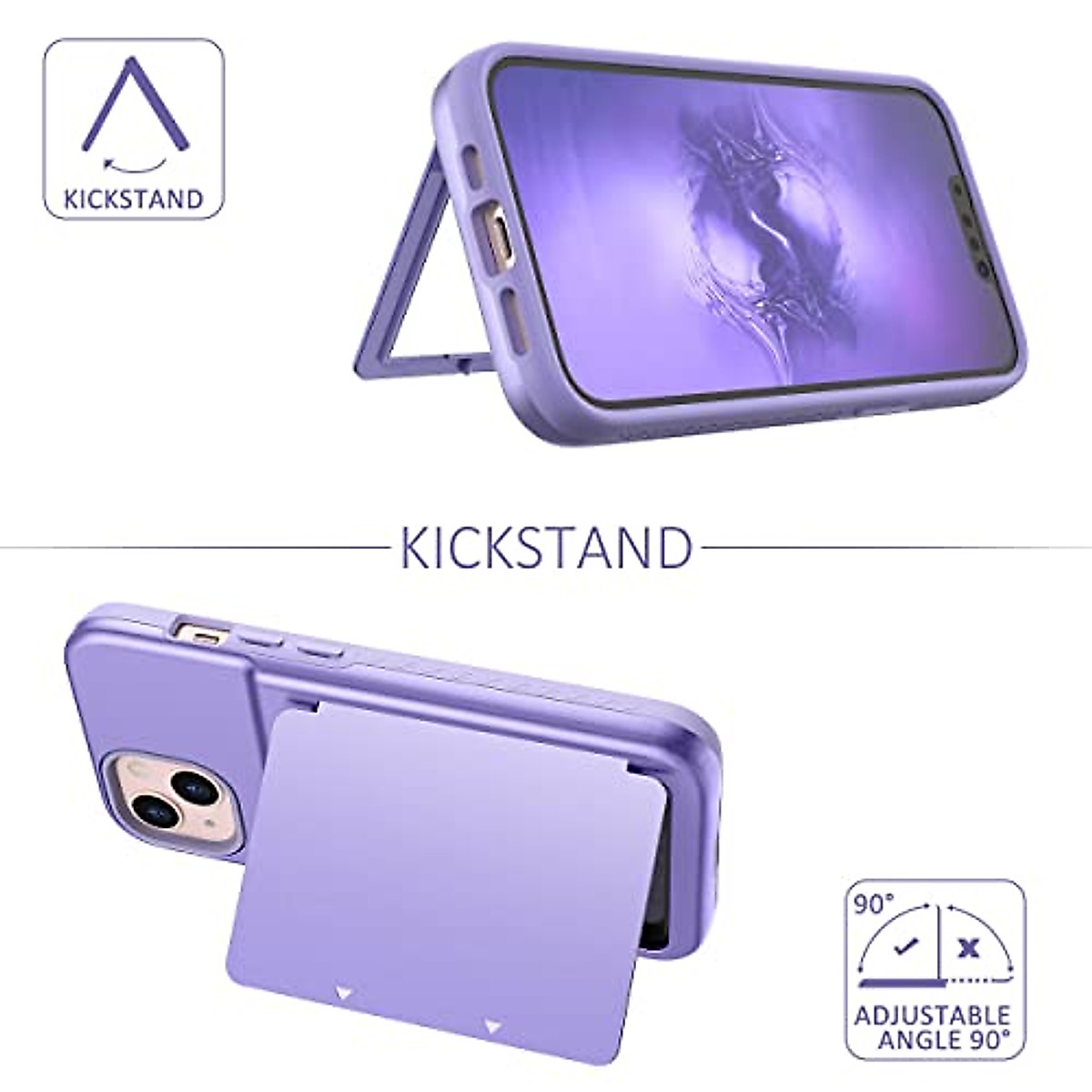 WeLoveCase for iPhone 13 / iPhone 14 Wallet Case with Credit Card Holder & Hidden Mirror, Two Layer Shockproof Heavy Duty Protection Cover Protective Case for iPhone 13/14 6.1 Inch - Light Purple