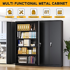 Greenvelly Metal Garage Storage Cabinet with Lock, 72" H Black Metal Cabinet with 2 Doors and 4 Adjustable Shelves for Office,Home,Garage,School(32" W x 16" D)