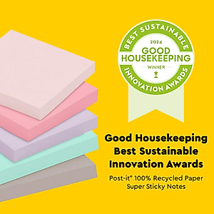 Post-it 100% Recycled Paper Super Sticky Notes, 2X The Sticking Power, 3x3 in, 5 Pads, 70 Sheets/Pad, Wanderlust Pastels Collection (654R-5SSNRP)
