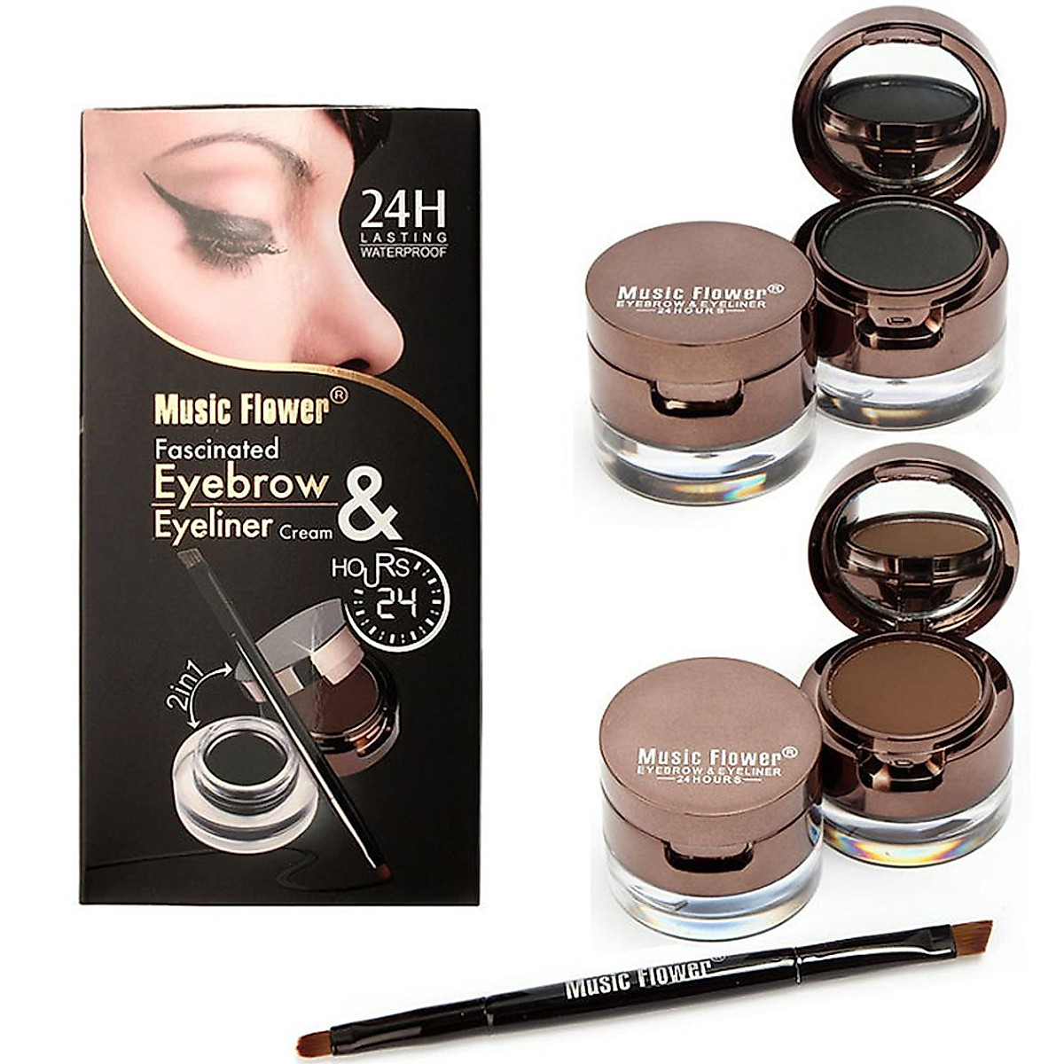 UCANBE 4 in 1 Black Brown Eyeliner Gel and Eyebrow Powder Makup Set Professional Water-proof Long Lasting Eye Liner Brow Kit with Double Ended Brush