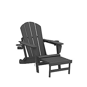 BRIOPAWS Folding Adirondack Chair with Adjustable Backrest & Ottoman, Wood Texture All-Weather HDPE Outdoor Chairs w/Cup Holders & Retractable Footrest for Poolside, Fire Pit, Campfire, Deck, Grey
