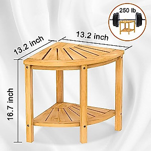 16" Bamboo Corner Shower Bench with Shelf, Corner Shower Stool for Shaving Legs, Shower Foot Rest Stool, Waterproof Wood Storage & Seat for Bathroom, Shower, Spa, Sauna, Shower Stool for Inside Shower