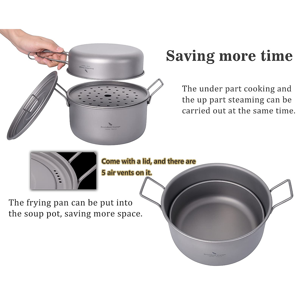 Boundless Voyage Titanium 1900mL Pot and 900mL Fry Pan Set with Steaming Rack and Lid Multifunctional Steamer Stockpot Outdoor Cooking Ultra Light Camping Cookware