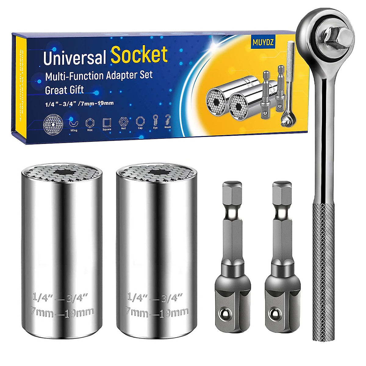 MUYDZ Super Universal Socket Wrench Tools Grip Multi Function Ratchet Wrench Power Drill Bit Adapter 1/4"-3/4" (7mm-19mm) 5Pc Set Professional Repair Tools Gifts for Dad Men Christmas Fathers Gift