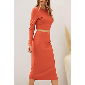 PRETTYGARDEN Womens 2024 Fall 2 Piece Outfits Track Suits Long Sleeve Crop Tops Bodycon Midi Skirt Slit Dress Matching Sets (Orange,Large)