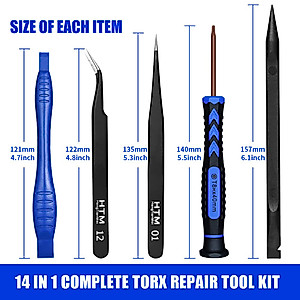 HengTianMei 14 in 1 S2 Steel Torx Screwdriver Set with T1 T2 T3 T4 T5 T6 T7 T8 T9 T10 Security Torx Bit & ESD Tweezers, Magnetic Screwdrivers Precision Repair Kit for Xbox, PS4, Macbook, Computer