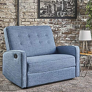 GDFStudio Christopher Knight Home Calliope Buttoned Fabric Reclining Loveseat, Muted Blue / Black