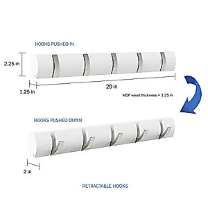 Lavish Home Wall Hook Rail - Mounted Hanging Rack with 5 Retractable Hooks - Organizational Storage Decor for Coats, Towels, Bags, and More (White)