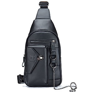 BULLCAPTAIN Genuine Leather Sling Bag for Men Crossbody with Cellphone Stand Chain Chest Shoulder Backpack Daypack XB-520 (Black)